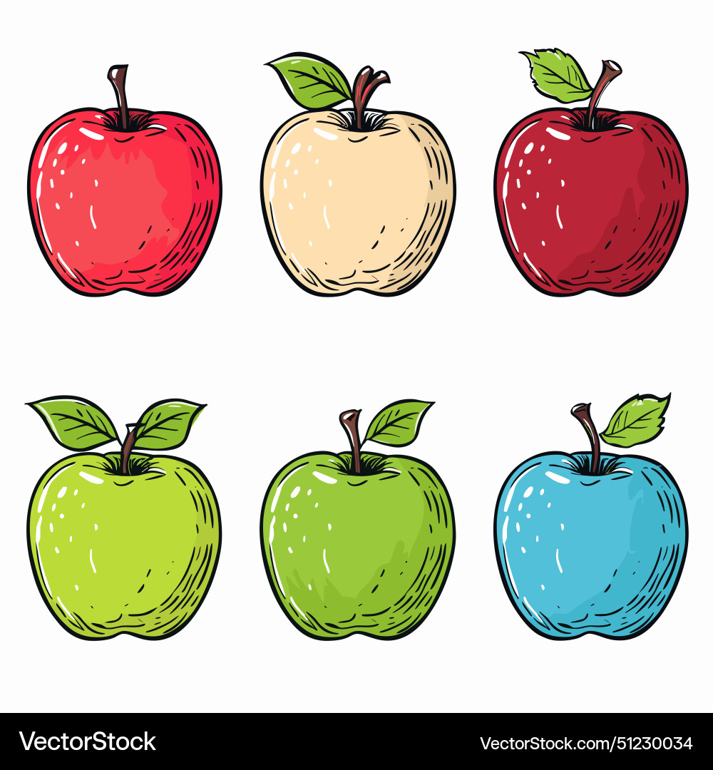 Six colorful handdrawn apples artistic shading Vector Image
