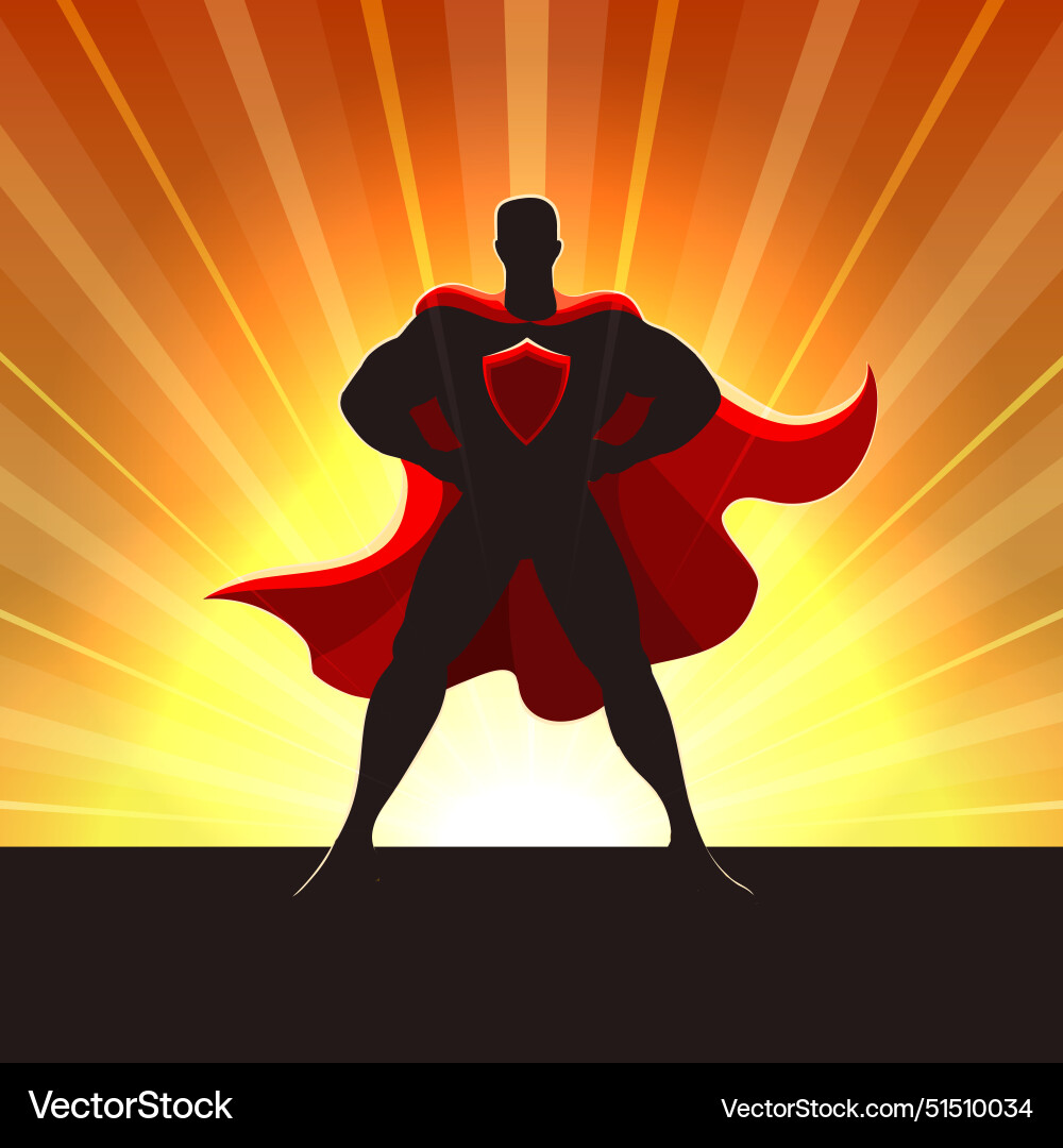 Superhero silhouette in red cape standing rays Vector Image