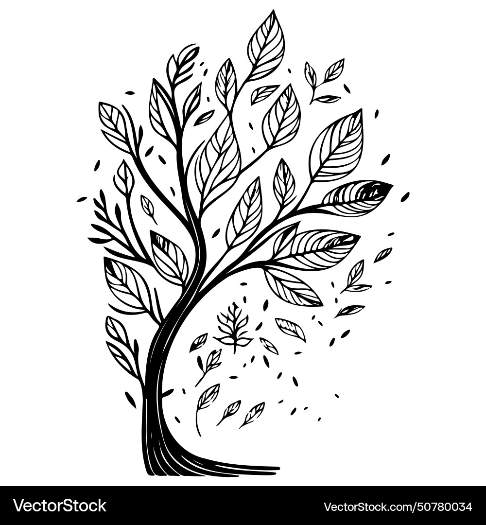 Tree half spring autumn floral sketch draw Vector Image