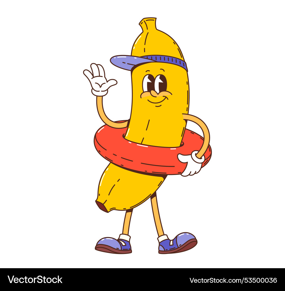 Cartoon groovy banana fruit dons cap and lifebuoy Vector Image