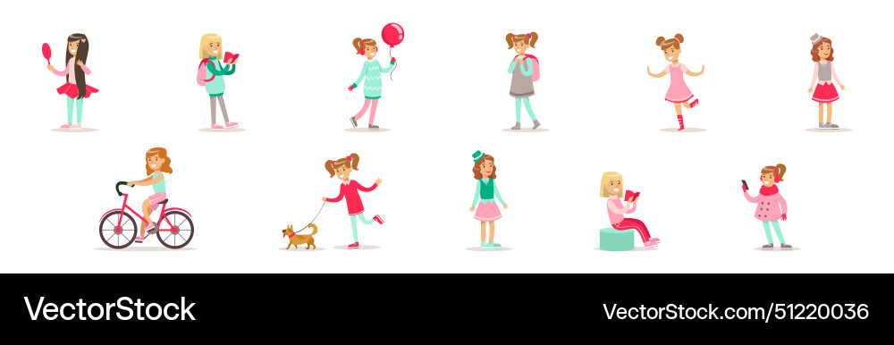 Happy girl child character engaged in different Vector Image