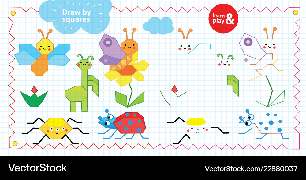 Draw by squares game for children insects Vector Image
