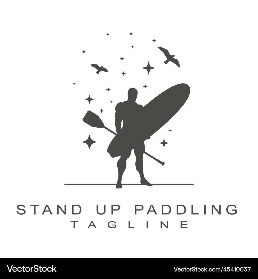Man posing with surfboard and paddle stand up Vector Image