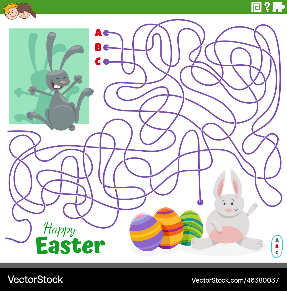 Maze game with cartoon easter bunnies and eggs Vector Image