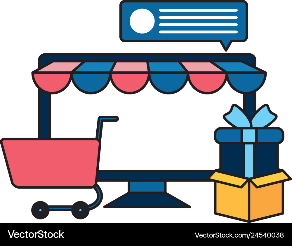Desktop computer with tent and shopping cart Vector Image