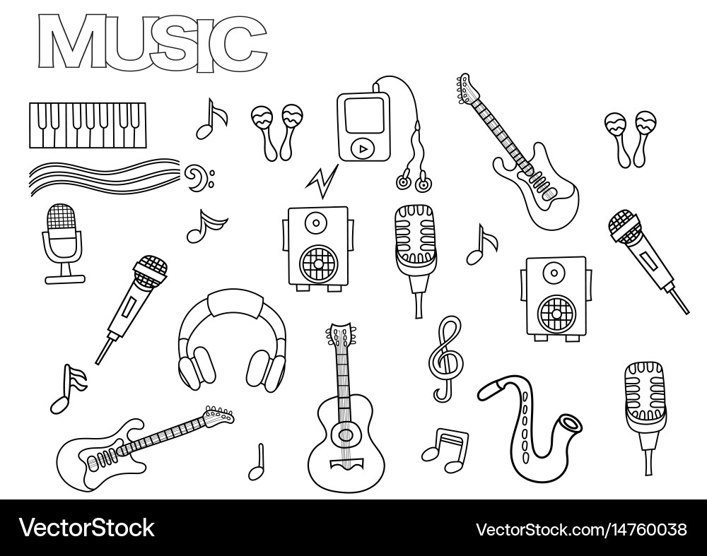 Hand drawn music set coloring book page template Vector Image
