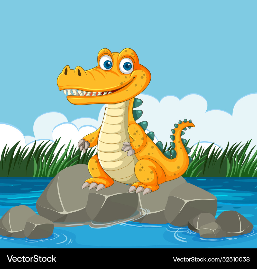 Smiling crocodile sitting on rocks by water Vector Image