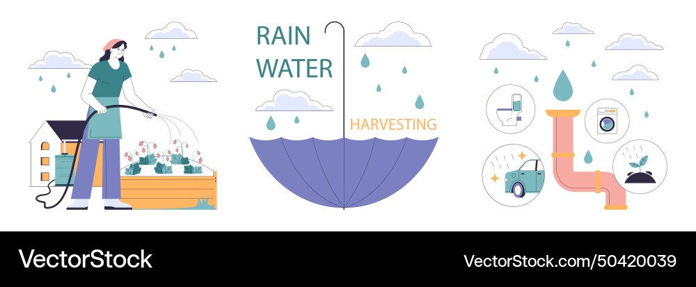 Rainwater harvesting set sustainable practice Vector Image
