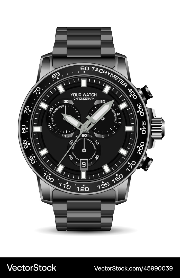 Realistic black steel clock watch chronograph Vector Image