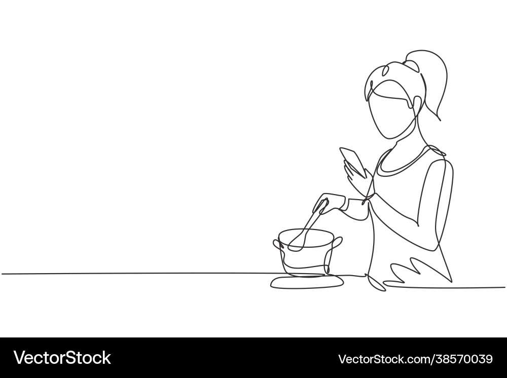 Single one line drawing beautiful wife is cooking Vector Image