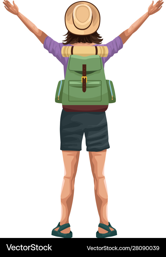 Woman back with arms up and backpack icon flat Vector Image