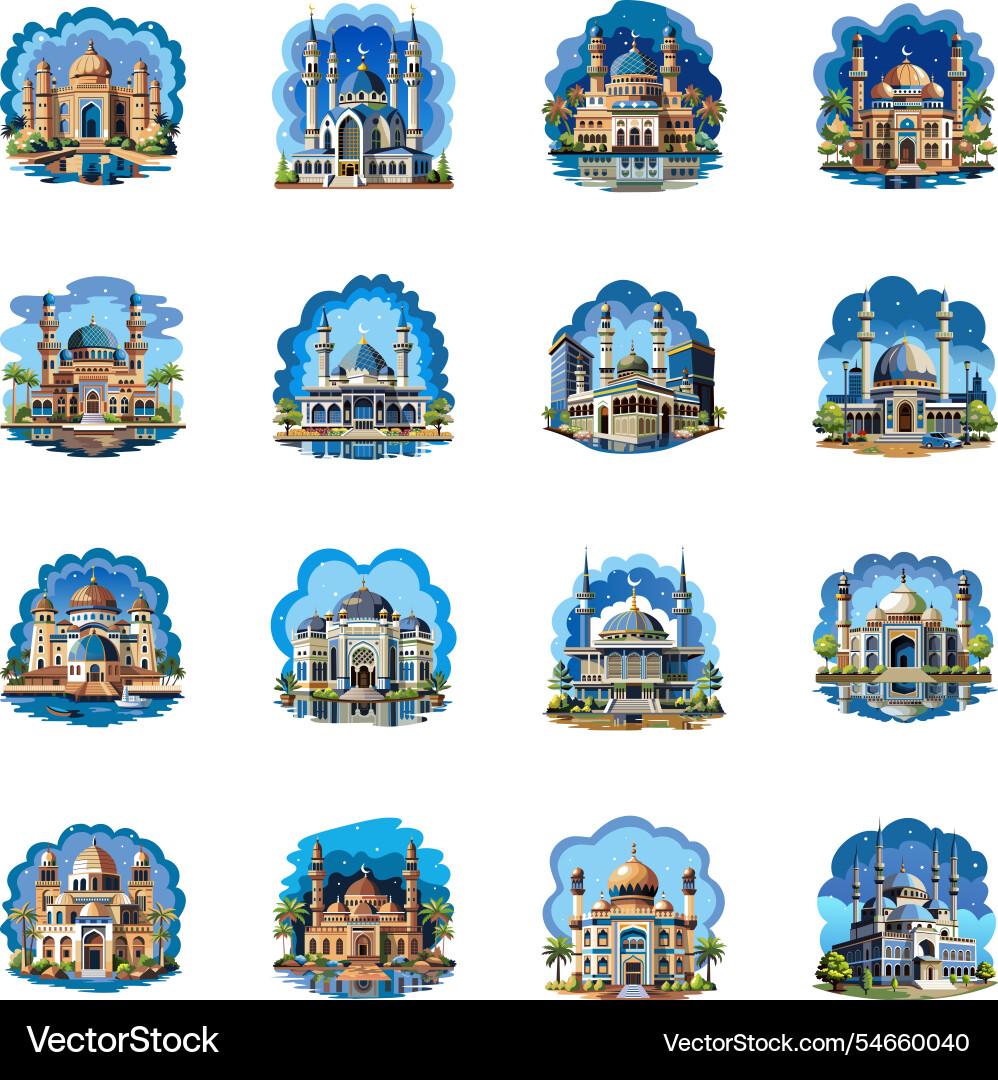 Collection of mosque architecture flat Royalty Free Vector