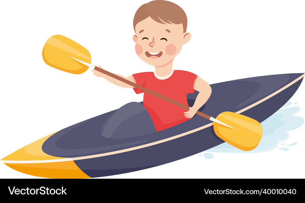 Cute little boy kayaking with paddle practicing Vector Image