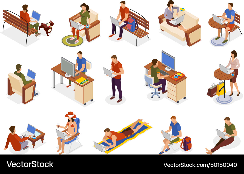 Freelancer isometric icons set Royalty Free Vector Image