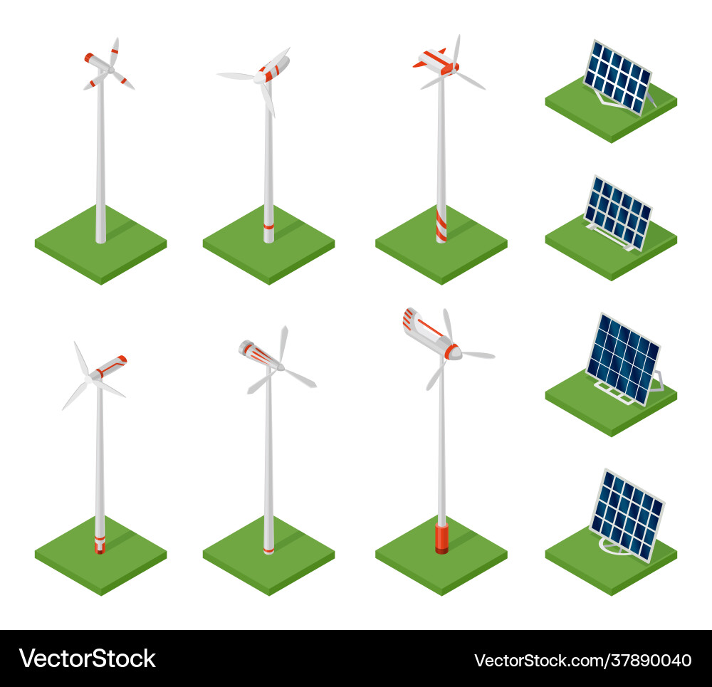 Isometric solar panels and wind turbines concept Vector Image