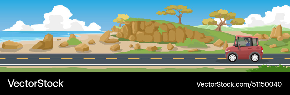 Landscape view and car on the road Royalty Free Vector Image