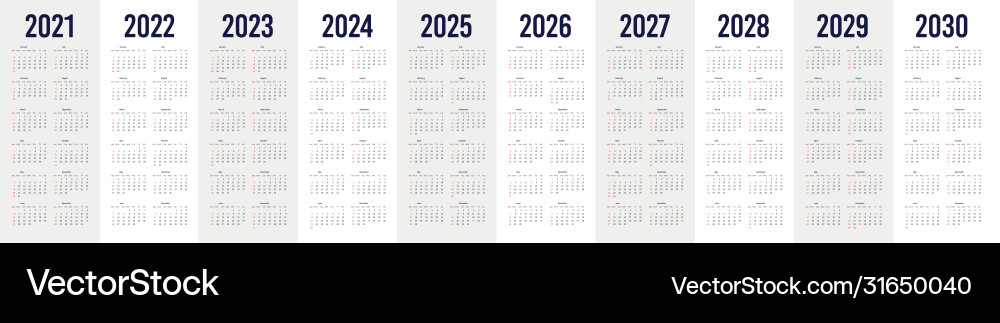 Simple calendar set for 2021 - 2030 years Vector Image