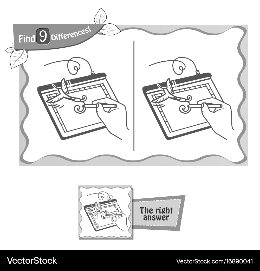 Find 9 differences game black draw Royalty Free Vector Image