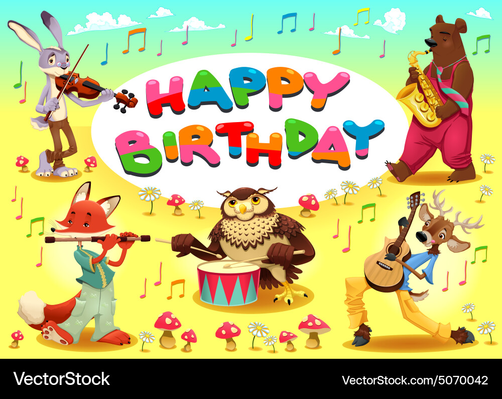Happy birthday card with musician animals Vector Image