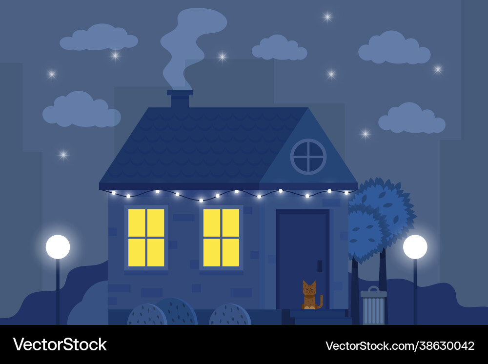 Night house with street lamp and tree Royalty Free Vector