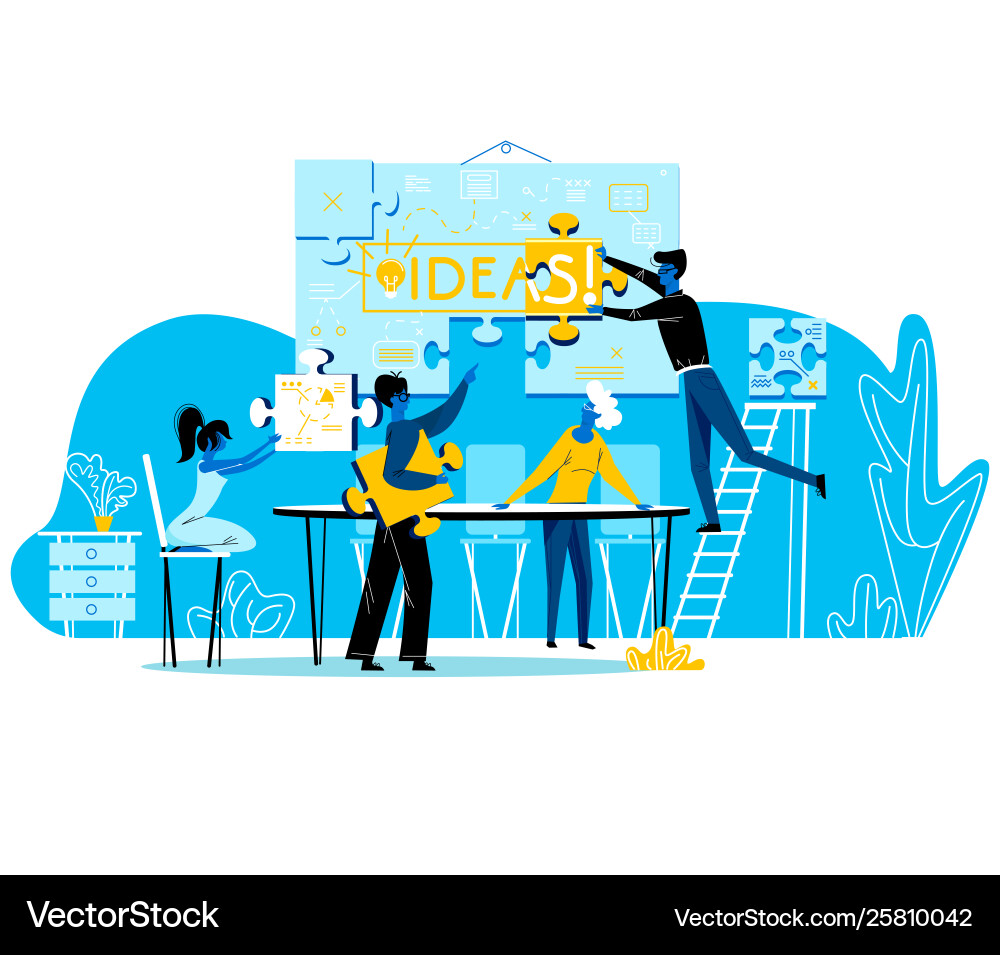 People set up banner separated on puzzle pieces Vector Image