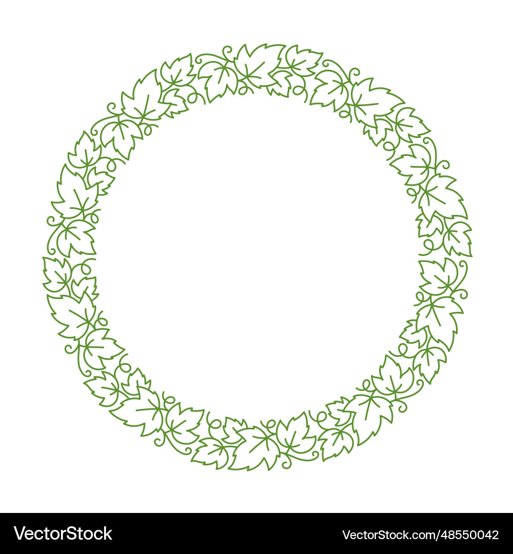 Vine circle frame grape leaves editable outline Vector Image