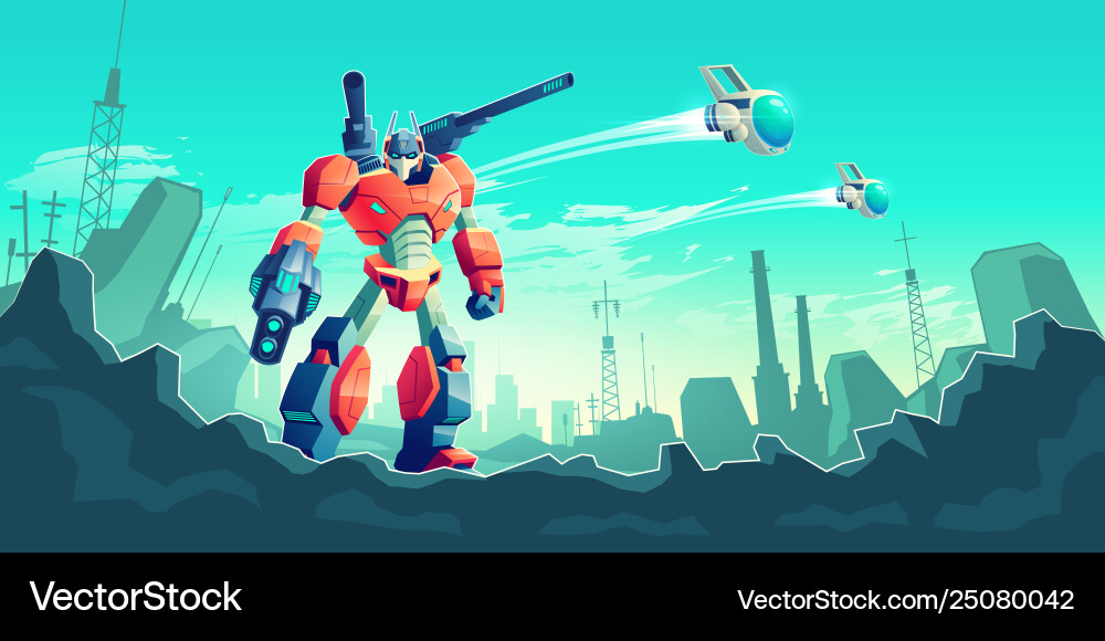 War with alien robots cartoon concept Royalty Free Vector