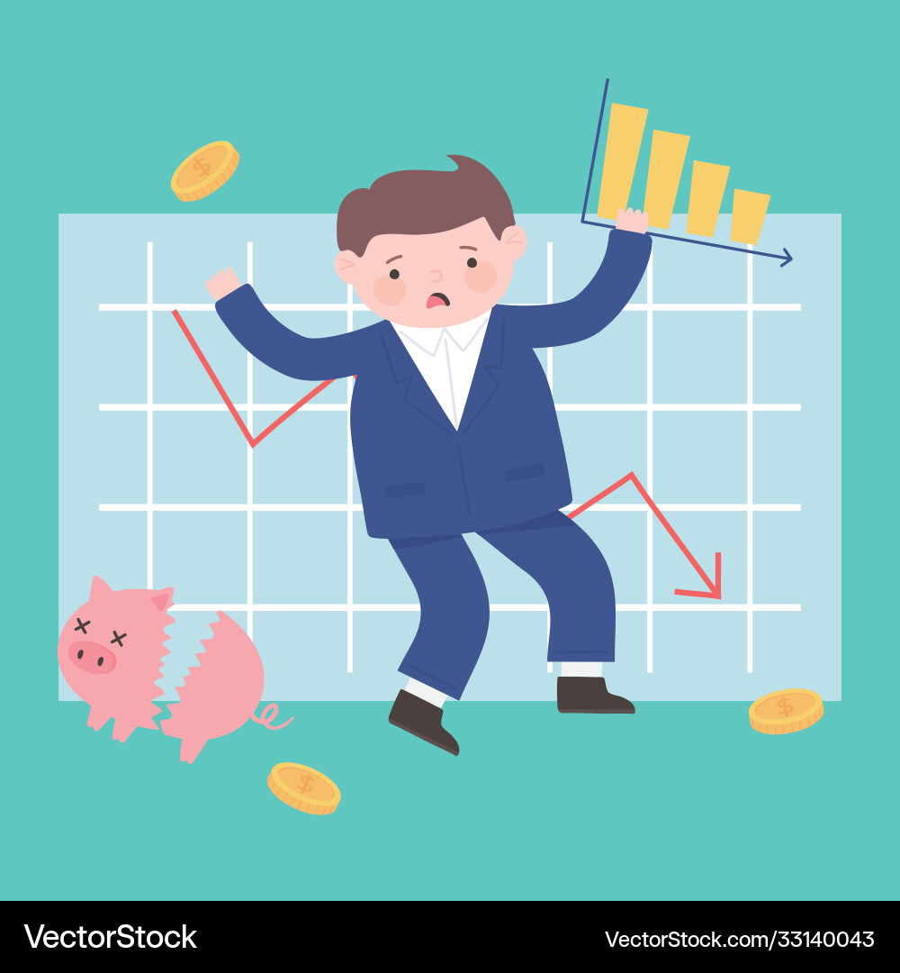 Bankruptcy man collapse chart broken piggy bank Vector Image