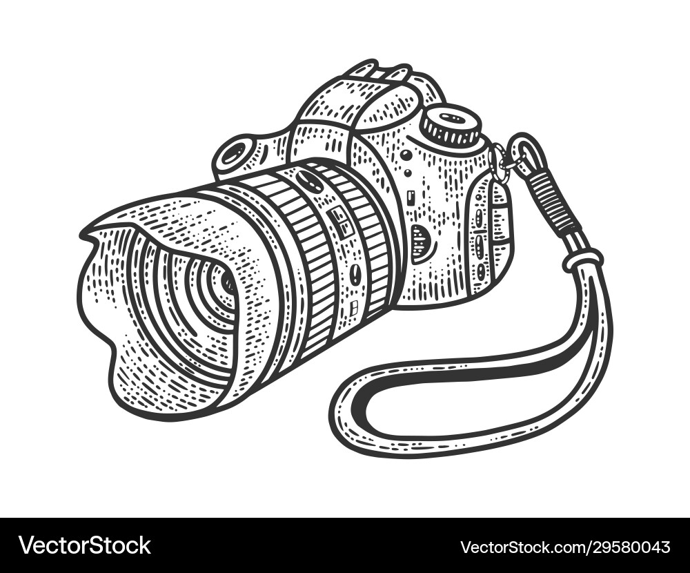 Photo camera with huge lens sketch Royalty Free Vector Image