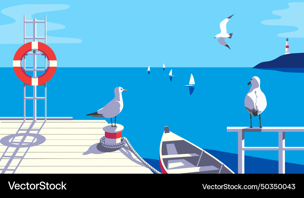 Seaside landscape with seagull on boat pier Vector Image