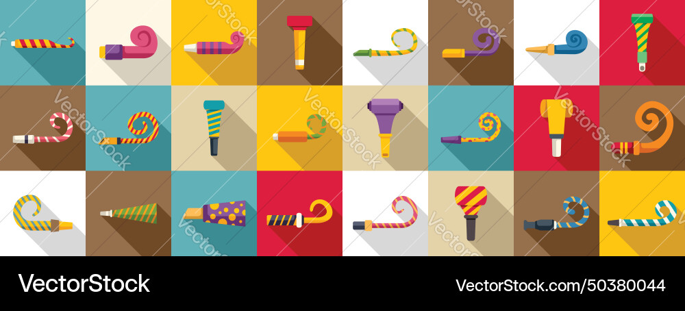 Party blower icons set flat whistle horn Vector Image