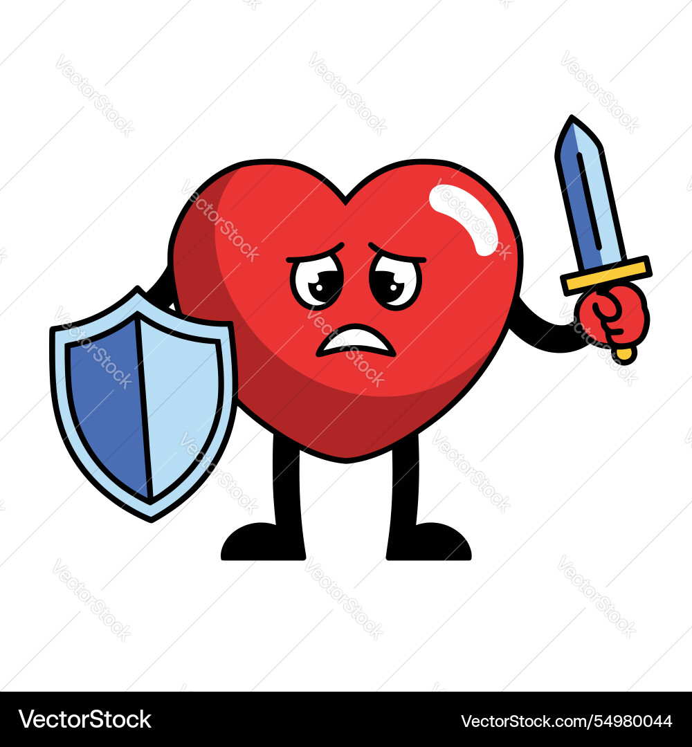 Sad heart warrior with sword and shield cartoon Vector Image