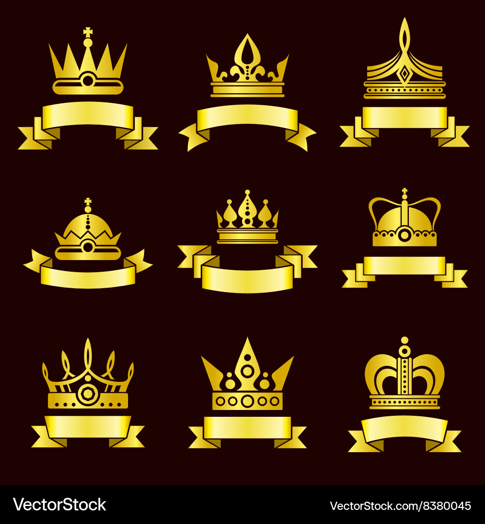 Gold crowns and ribbon banner set Royalty Free Vector Image