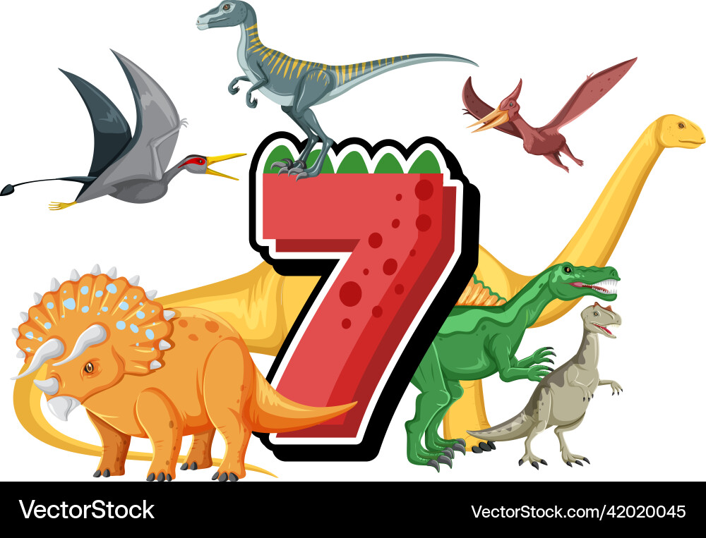 Seven dinosaurs with number cartoon Royalty Free Vector