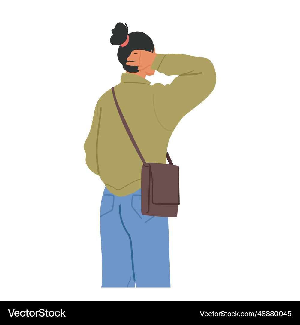 Woman stands her hand raised scratching head Vector Image