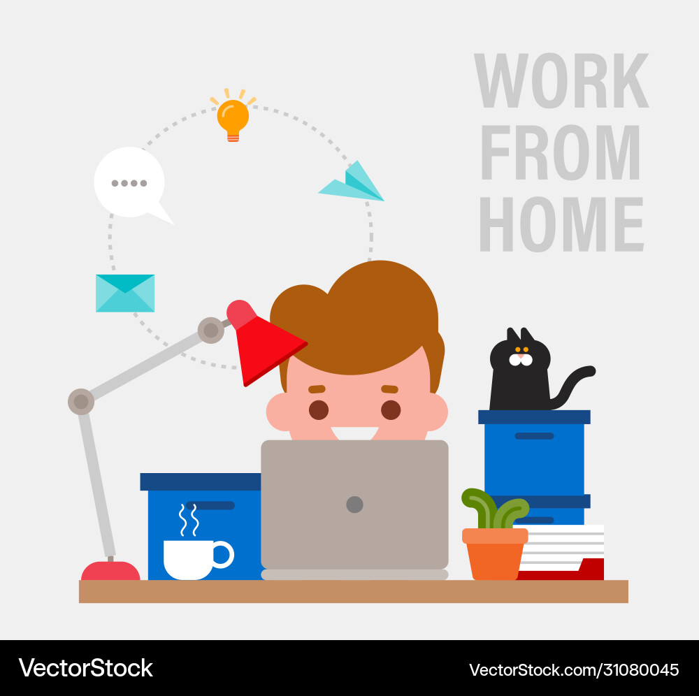 Work from home happy young man working remotely Vector Image