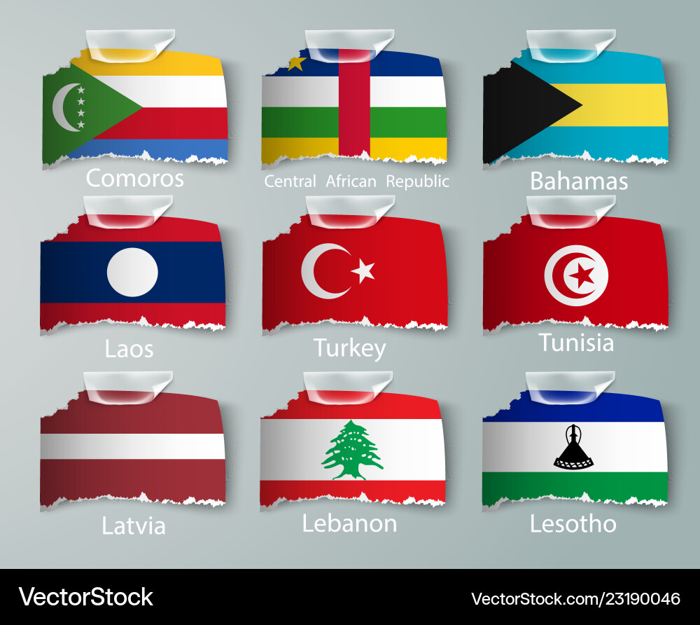 Realistic set flags paper countries Royalty Free Vector