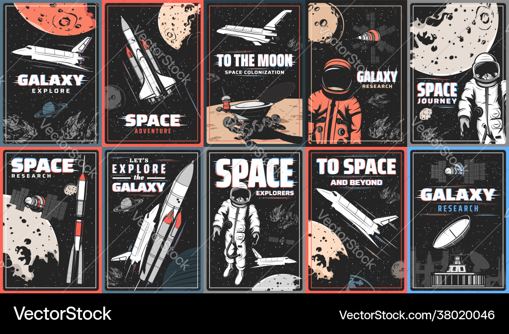 Space journey and galaxy research vintage banners Vector Image