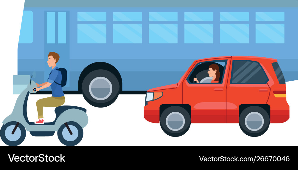Vehicles and motorcycle with drivers riding Vector Image