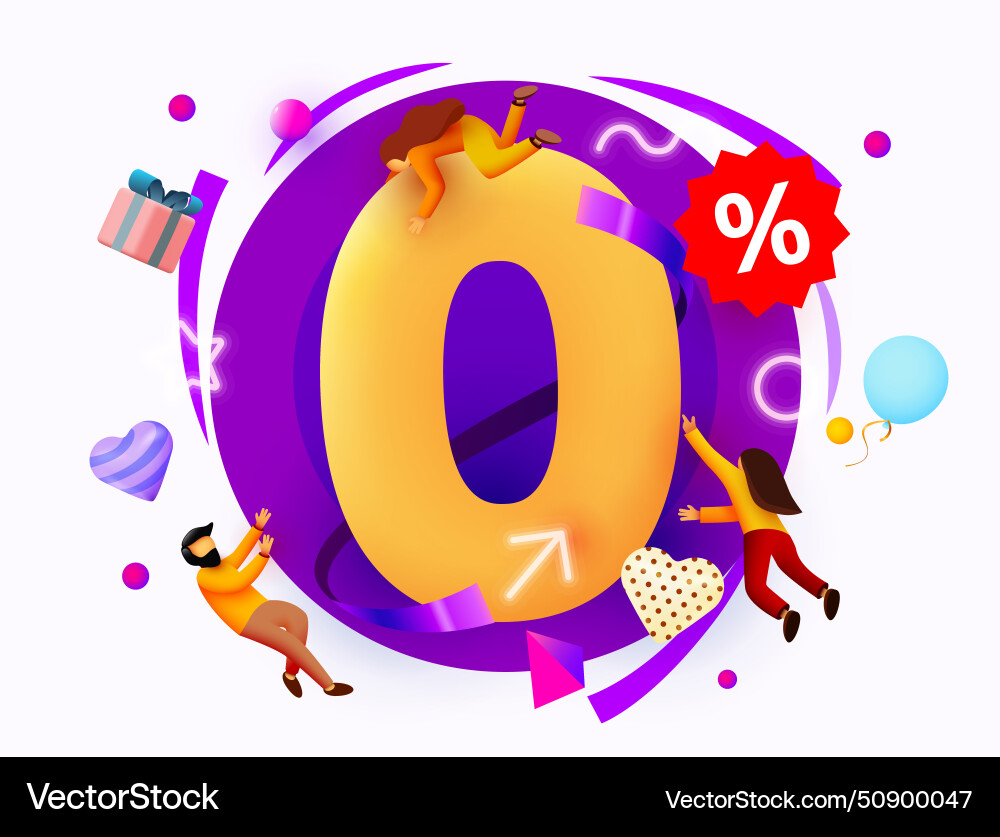 3d zero number with flying people zero percent Vector Image