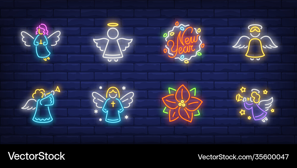 Angels neon sign collection Royalty Free Vector Image