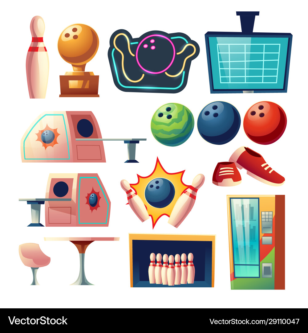 Bowling club equipment icons design elements set Vector Image