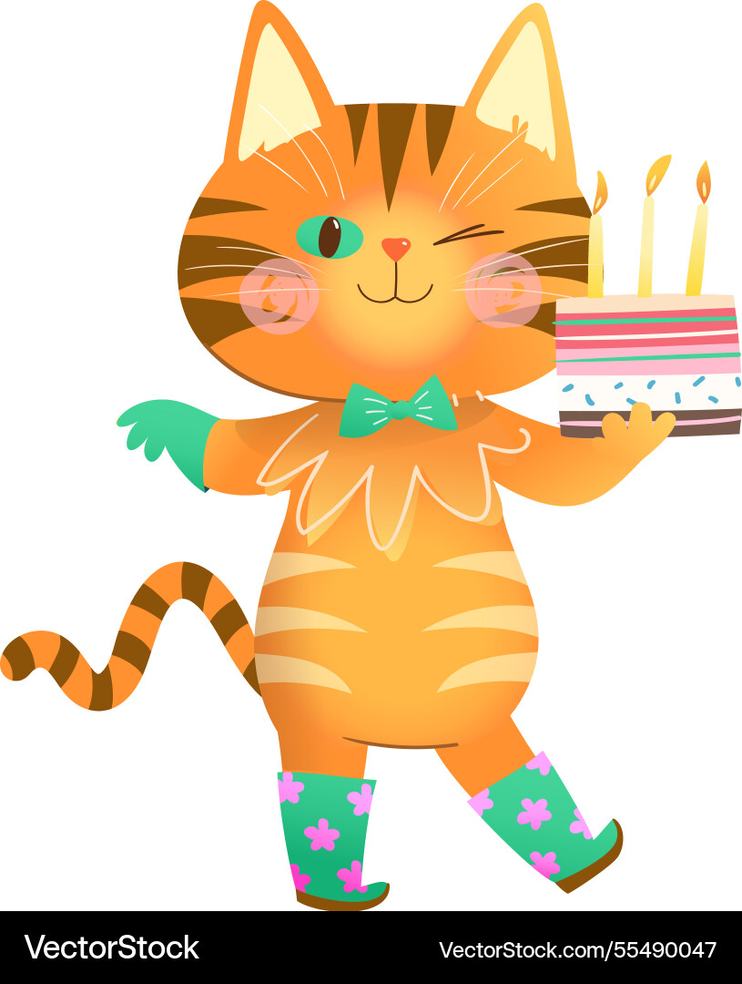 Party cat holding birthday cake cartoon for kids Vector Image