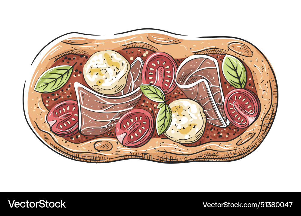 Pinsa with prosciutto tomato and mozzarella Vector Image