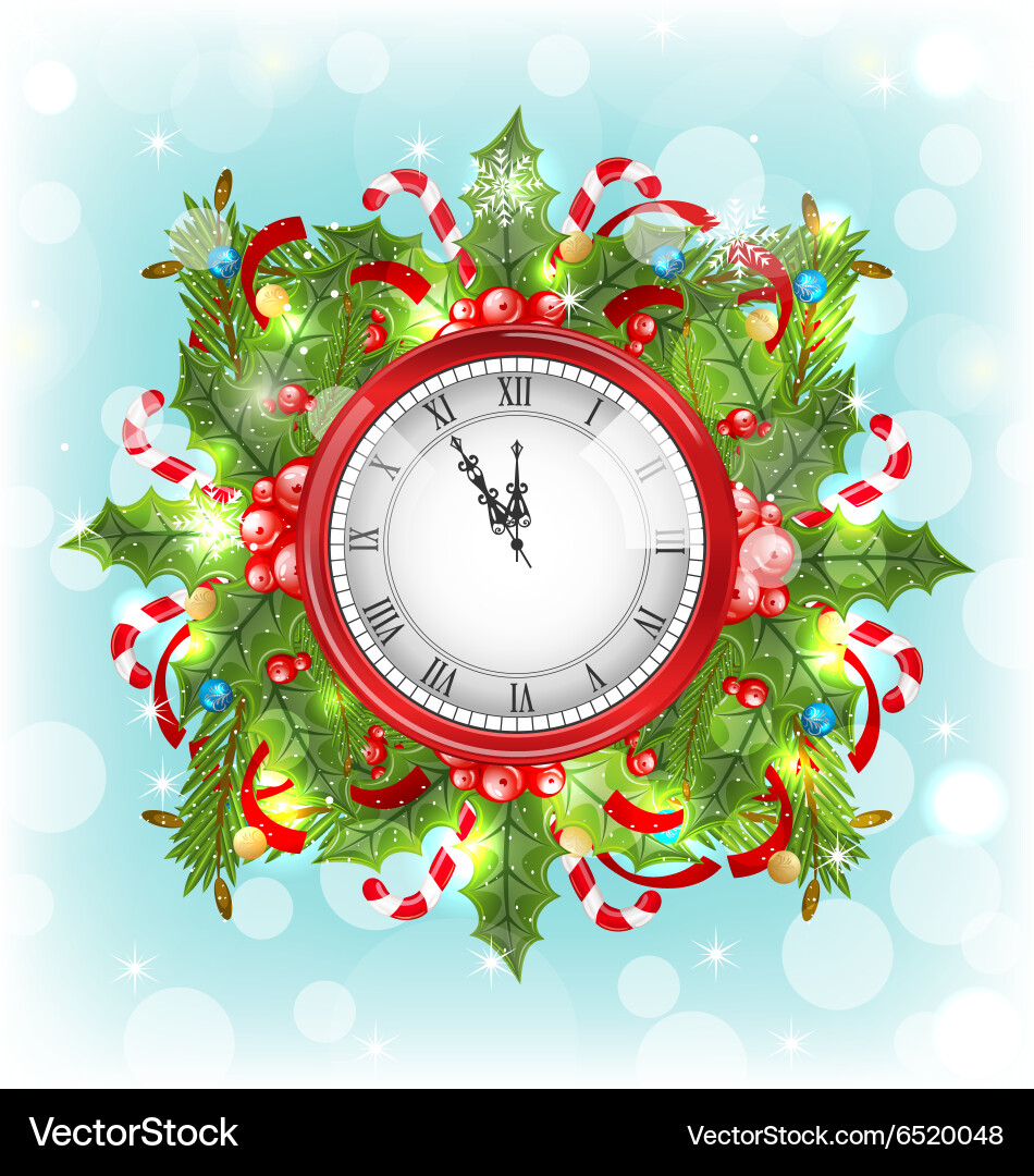 Clock with christmas holiday decoration Royalty Free Vector