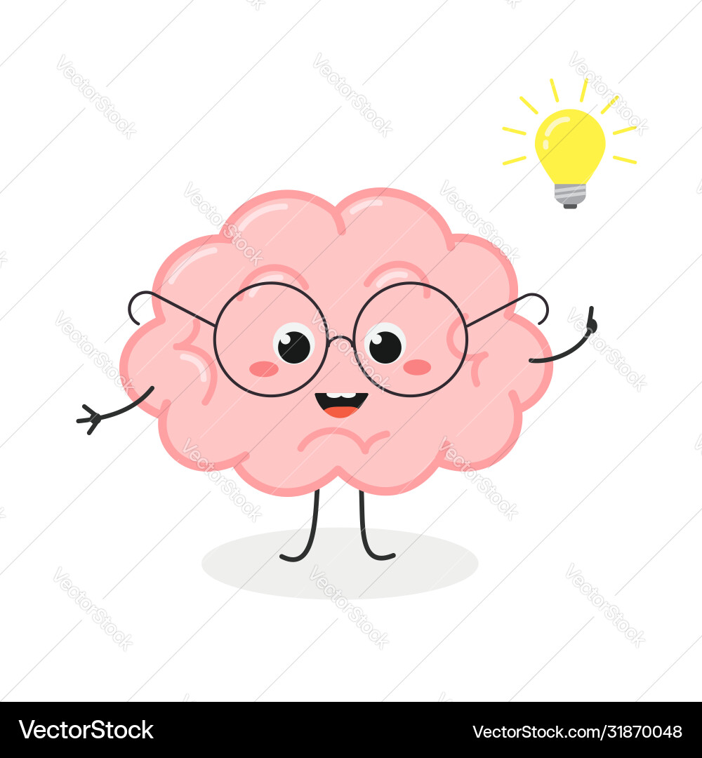 Niedlicher Nerd Gehirn Cartoon Charakter mit Lightbulb