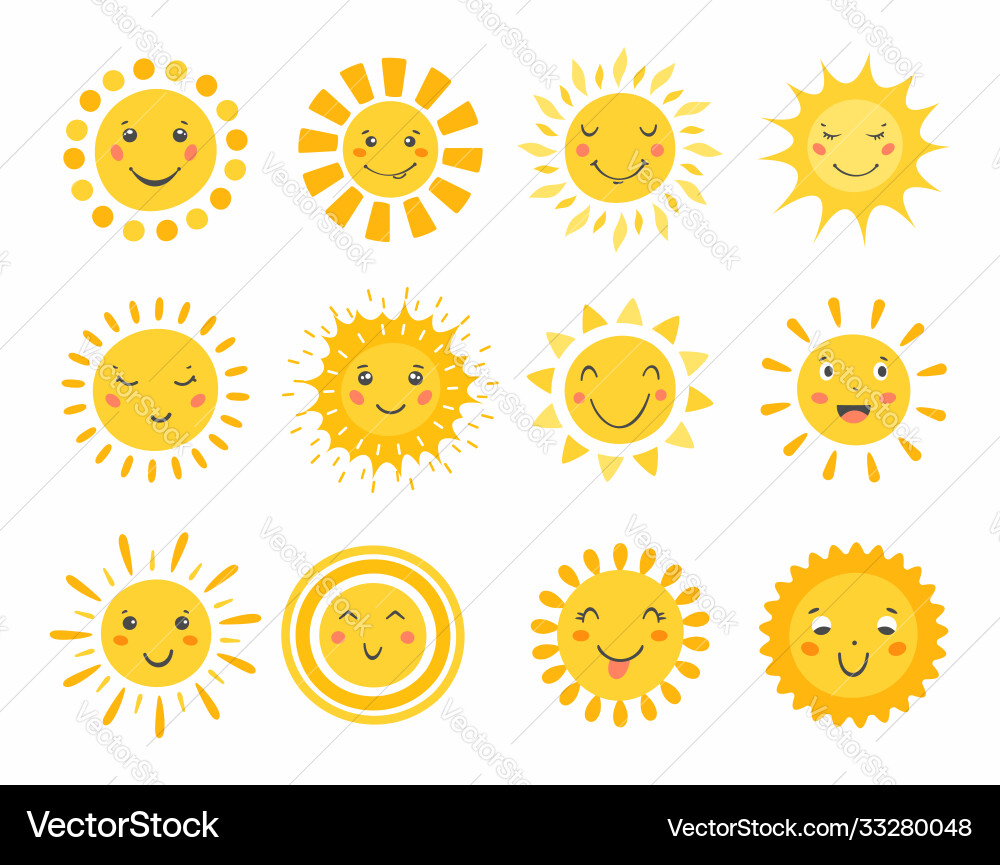 Cute Sun Icons - Smiling Sun Faces Royalty Free Vector Image