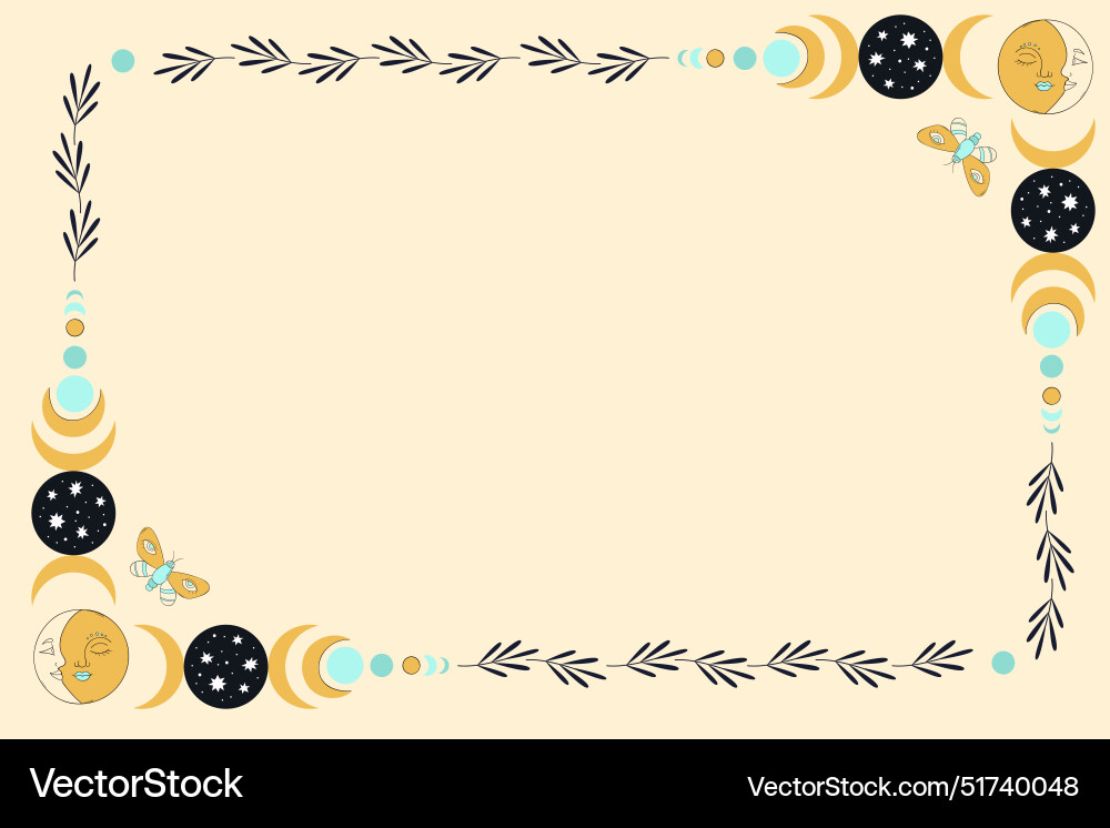 Rectangular frame with moon phases leaves Vector Image