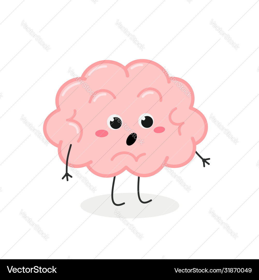Cute shocked cartoon brain character Royalty Free Vector