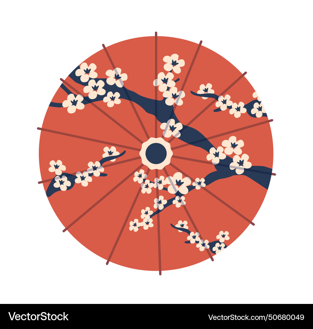 Red japanese umbrella with sakura tree pattern top